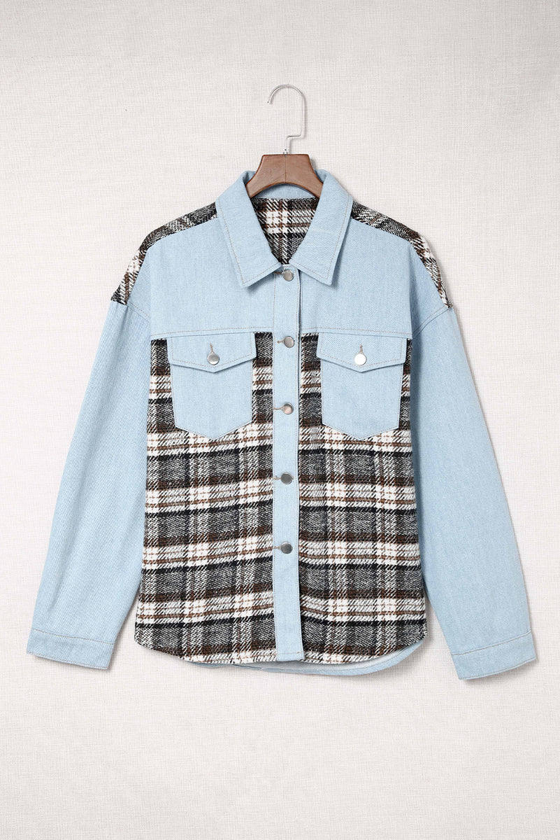 Sky Blue Plaid Patchwork Raw Hem Denim Jacket Plaid Denim Jacket Shack ...