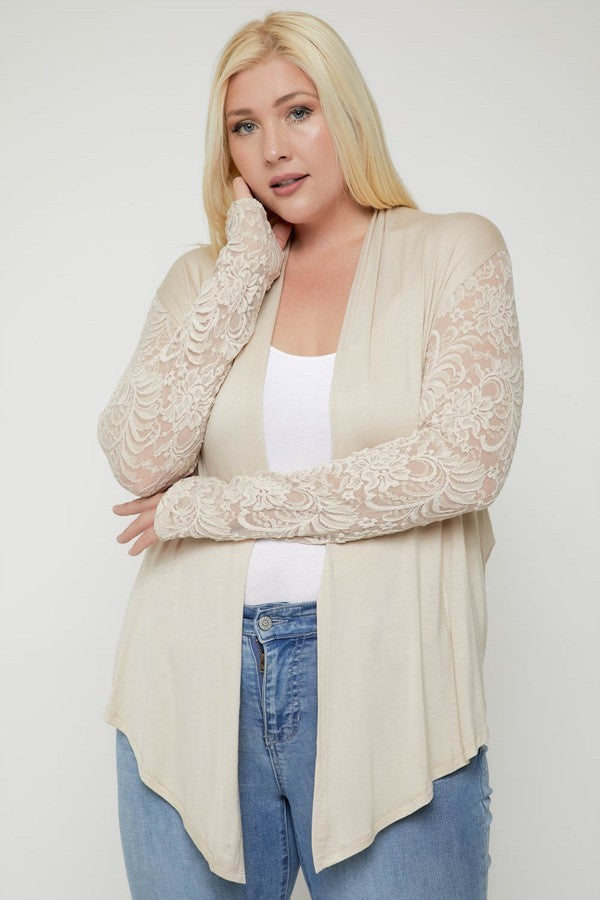 Plus size summer cardigan asymmetrical hem lace back and long sleeve ...